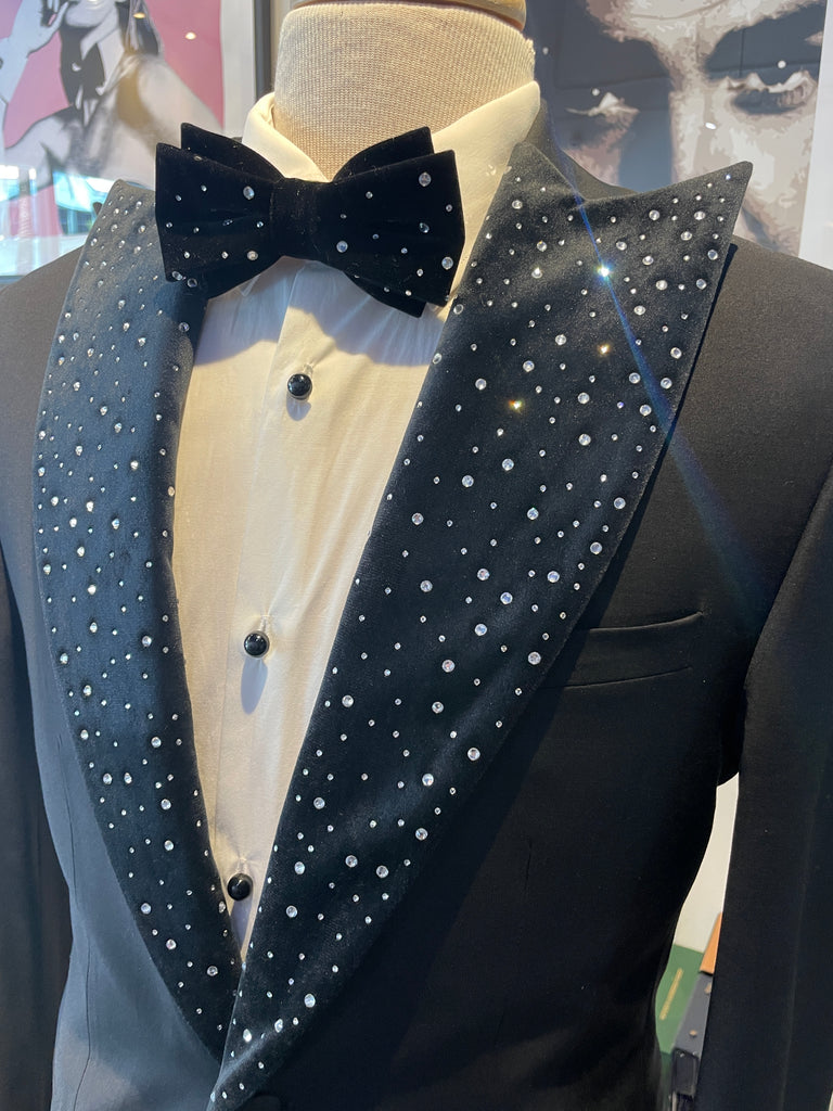 Black Velvet Crystal Studded Peak Lapel +Bowtie – The Lapel Project